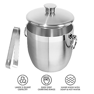 OGGI Double Wall Stainless Steel Ice Bucket - Insulated Ice Bucket with Elegant Steel Lid, Classic Handles & Stainless Steel Ice Tongs - Great for Home Bar, Chilling Beer, Champagne and Wine - 3 qt