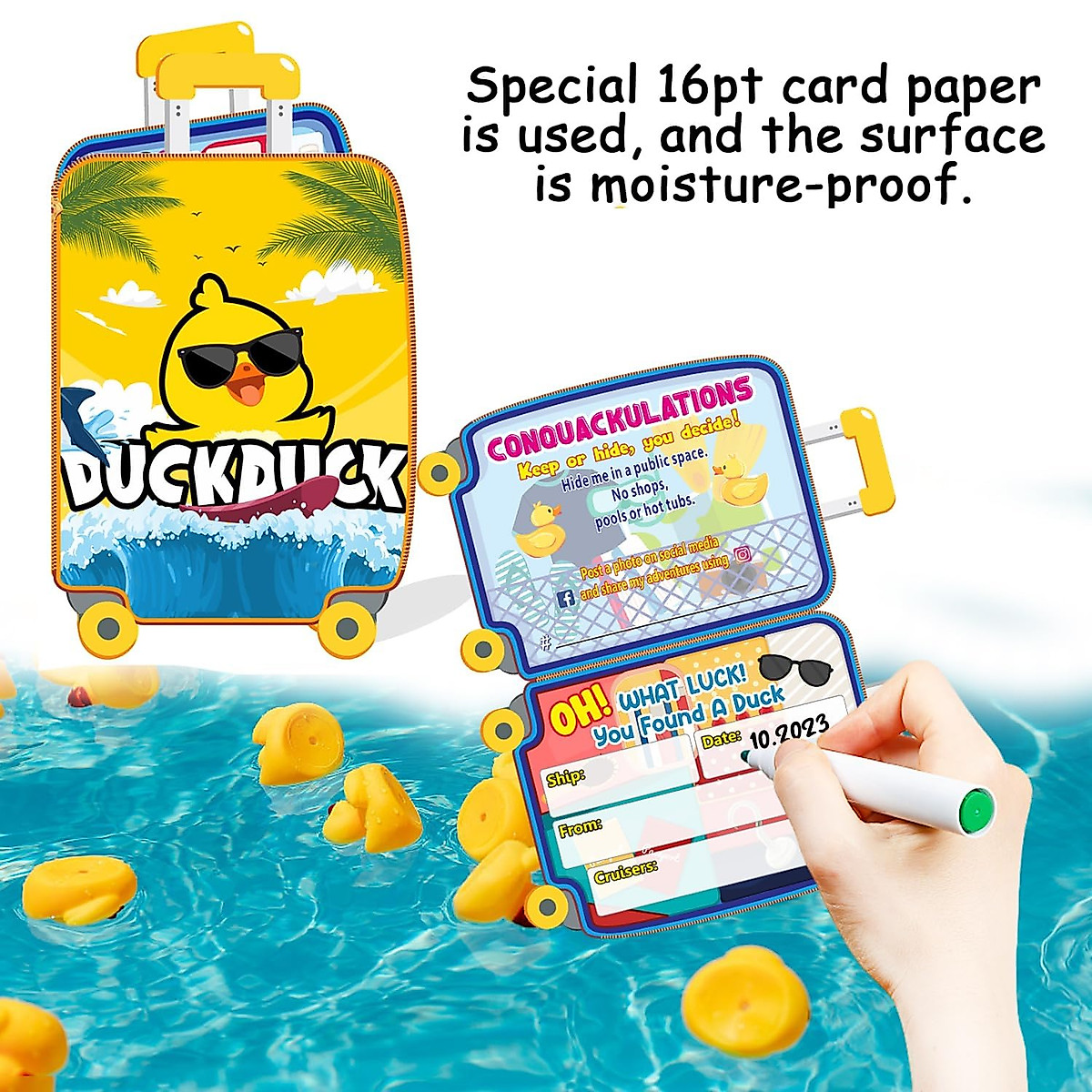 Waxvery Cruising Duck Tags - 35 Pack, Suitcase Shape Design, With Hole and Rubber Bands (Yellow)