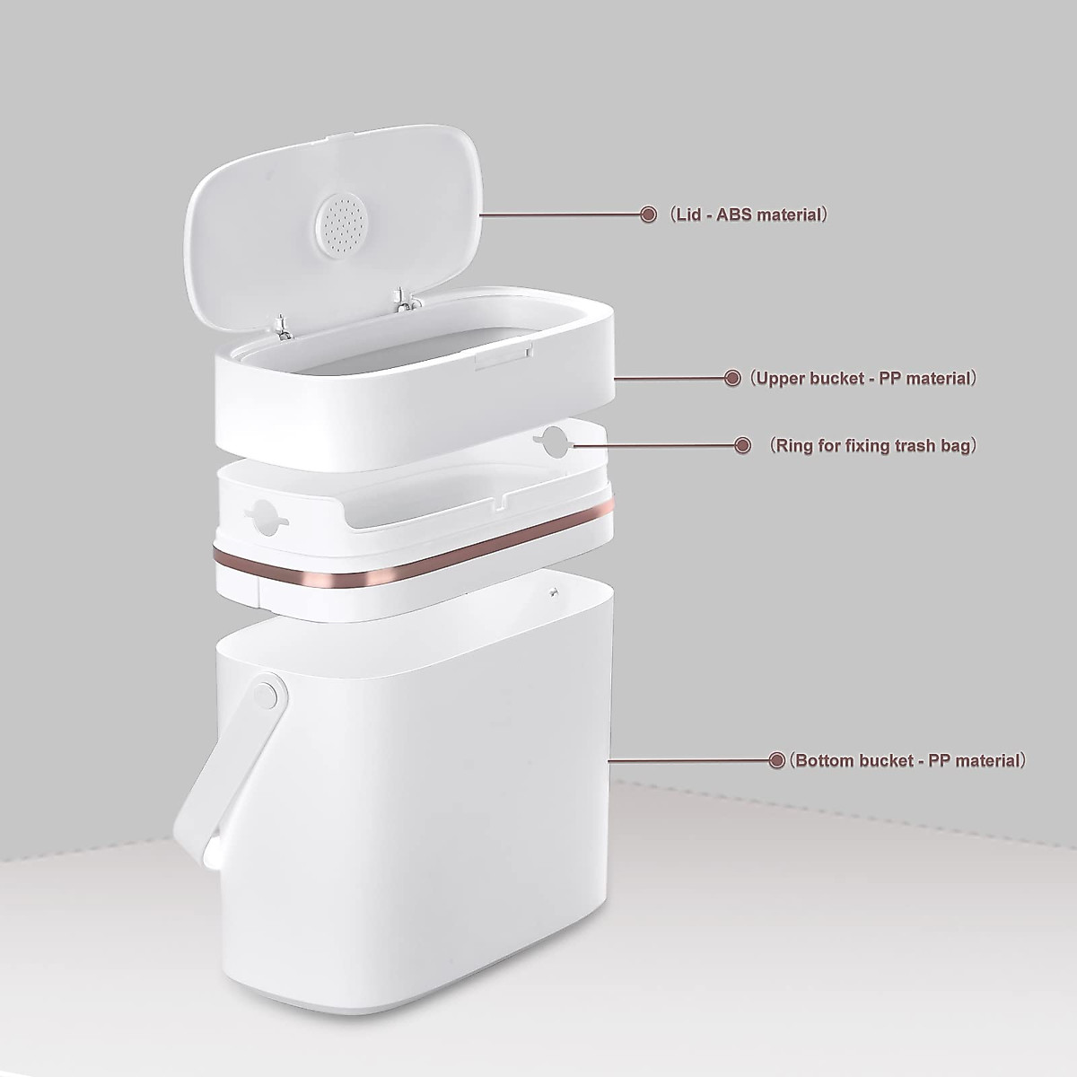 JUDRDO Small Bathroom Trash Can with Lid, Plastic Trash Can with Handle, 3.6 Gallon Bedroom Trash Can with Lid, Narrow Food Trash Can for Indoor, Bedroom, Office, RV, White