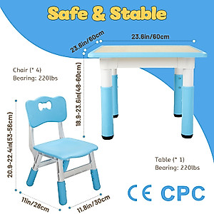 FUNLIO Kids Table and 2 Chairs Set, Height Adjustable Toddler Table and Chair Set for Ages 3-8, Easy to Wipe Arts & Crafts Table, for Classrooms/Daycares/Homes, CPC & CE Approved (3pcs Set) - Blue