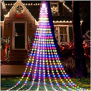 Outdoor Christmas Decorations Star String Lights 420 LED Waterproof Waterfall Lights with Christmas Tree Topper, Gorrzai 8 Lighting Modes String Lights for Tree Yard Patio Garden Party (Multi-Colored)