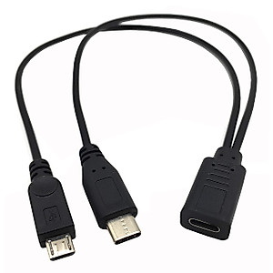 Traovien USB C Splitter Cable, USB Type C Female to Male and Micro USB Male Y Splitter Extension Charge Cable (0.3m/12inch 1Pcs)