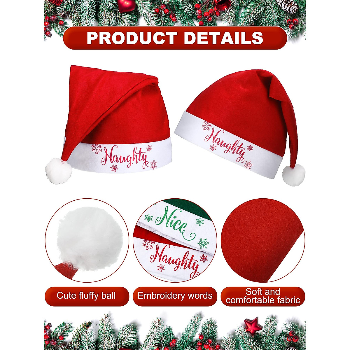 Leumoi 50 Pieces Naughty and Nice Plush Christmas Santa Hats Decorative Red and Green Christmas Hat Xmas Santa Hats for Adults Kids Women Men Funny Decoration Holiday Party Costume Supply