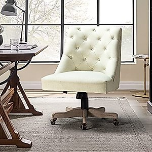 Modern Tufted Armless Home Office Chair, Comfy Upholstered Desk Chair with Vintage Wood Base, Height Adjustable Swivel Computer Task Chair for Living Room Bedroom, Ivory