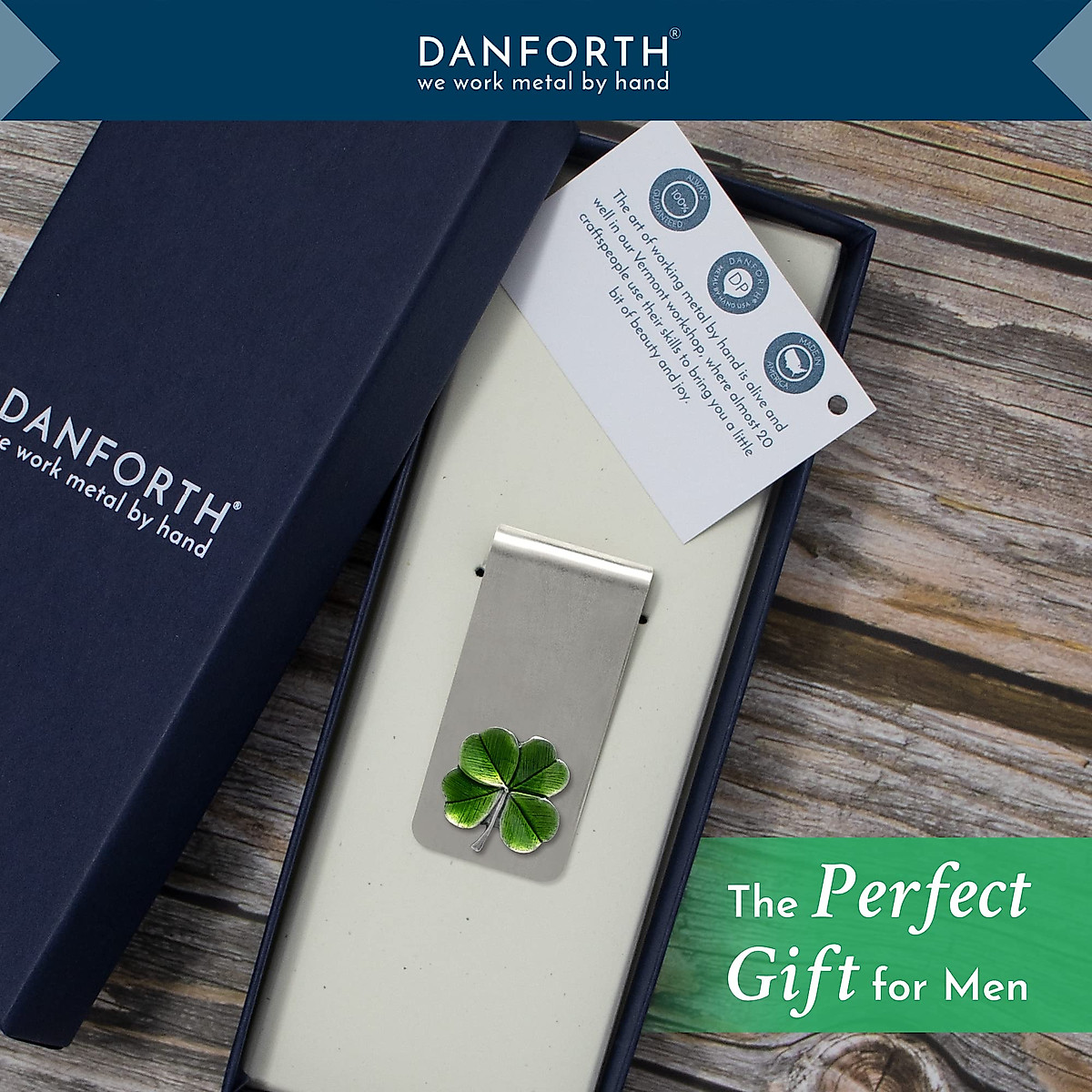 DANFORTH Four Leaf Clover Money Clip For Men, Handcrafted Pewter Metal Irish Shamrock Money Clip, 2”, Made In USA
