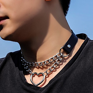 Manfnee PU Leather Choker Punk Emo Heart Pendant Chain Choker Collar Necklace for Women Adjustable