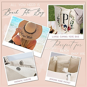 Personalized Floral Initial Cotton Canvas Beach Tote Bag, Customize Monogrammed Totes Gift for Bridesmaid (Initial V)