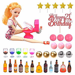 36 PCS Mini Wine Bottles Cake Toppers With 12 Mini Wine Bottles 5 Mini Wine Glasses 1Toilet Toy 1 Beauty Doll 21st Birthday Cake Topper for Celebrating Birthday Girl Party (Pink)