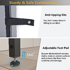 Loomie 8-Open Shelf Bookshelf, 70.87" H x 31.5" L Lux Etagere Bookcase, Tall Storage Display Modern Open Book Case for Bedroom, Home Office & Living Room, Black Finish Metal Frame & White Shelving