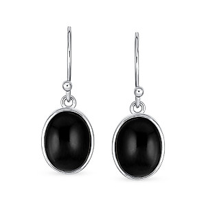 Classic Elegant Black Onyx Bezel Set Oval Cabochon Gemstone Drop Earrings For Women .925 Sterling Silver Wire Fish Hook