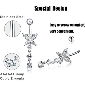Incaton 14G Belly Button Rings Butterfly Heart Diamond, Stainless Steel Dangle Belly Rings For Women, 6mm Short Bar/ 10mm Hypoallergenic Navel Piercings Silver 6mm