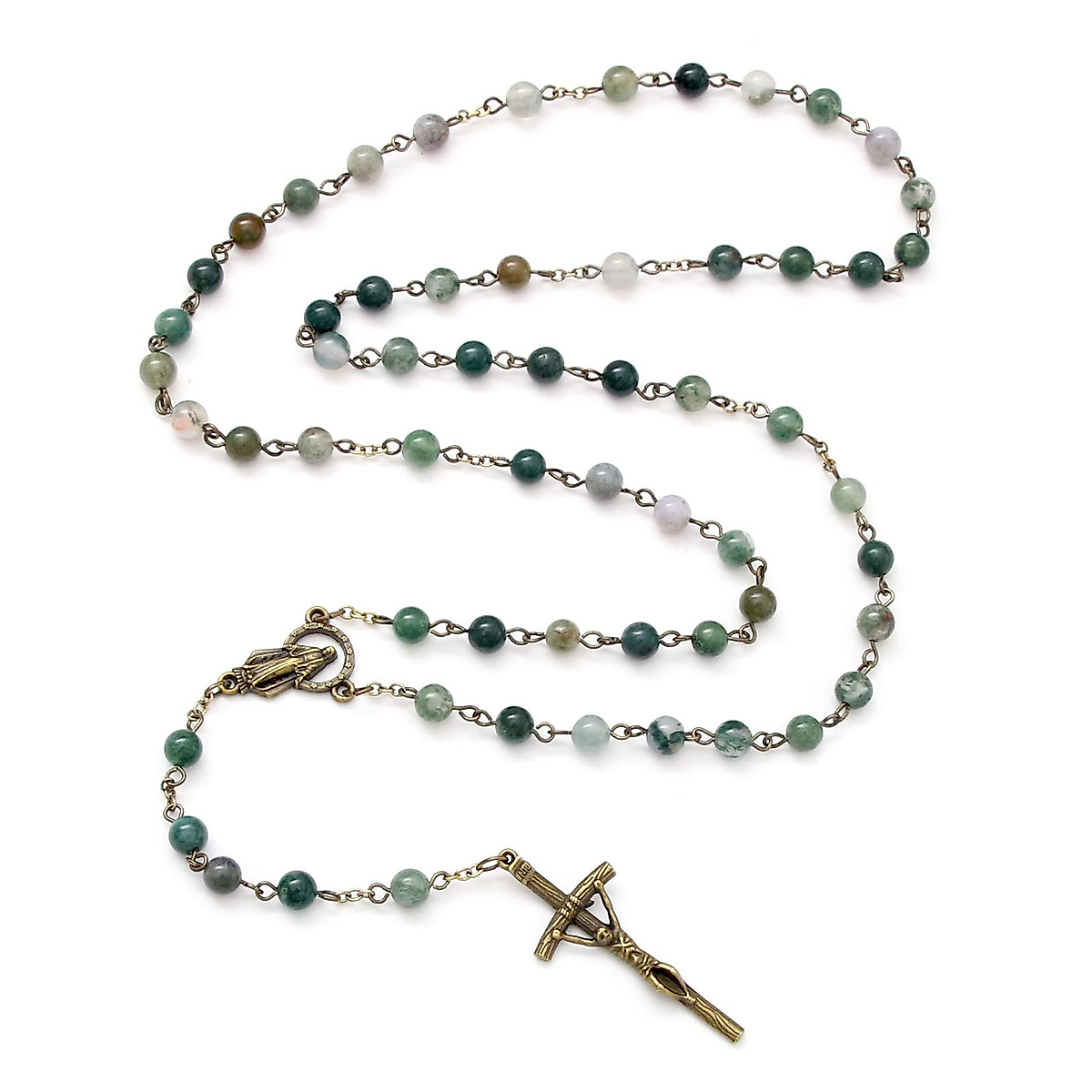 KOMI 6mm Natural Agate Stone Catholic Beads Rosary for Woman Man Virgin Mary Rosary Necklace with Jesus Crucifix, Holy Prayer Beads Rosary Packed in Velvet Pouch