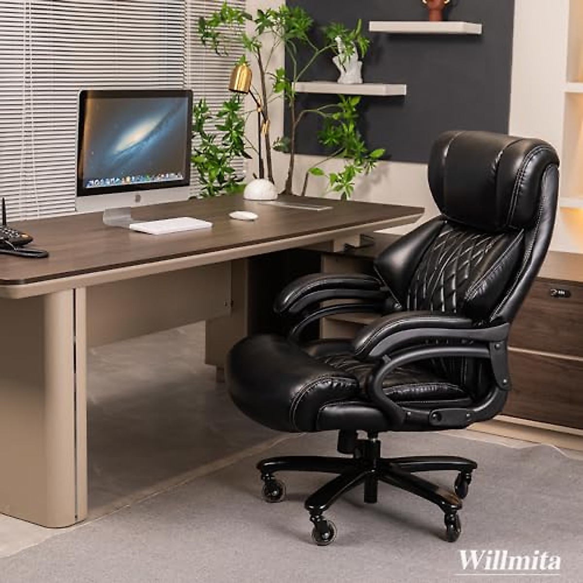 WILLMITA 400lbs Big and Tall Office Chair for Heavy People Executive Office Chair Wide Spring Seat Home Office Desk Chair with Heavy Duty Casters 360 Swivel Chair Computer PU Leather Chair (Black)
