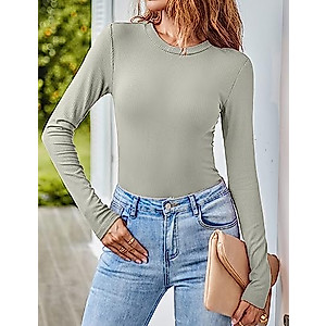 MEROKEETY Women Long Sleeve Slim Fit Crop Shirt Ribbed Knit Tops Casual Round Neck Y2K Tees Grey Small