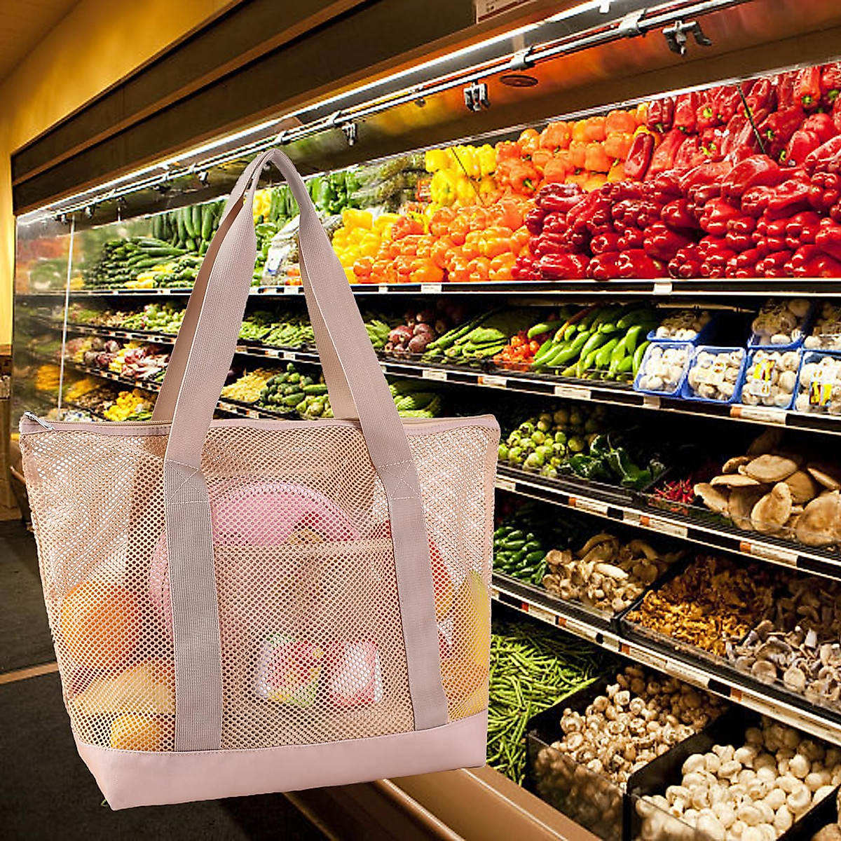 Mesh Beach Bags, Grocery Produce Tote Bag with Zipper & Pockets for Gym, Picnic, Shopping or Travel