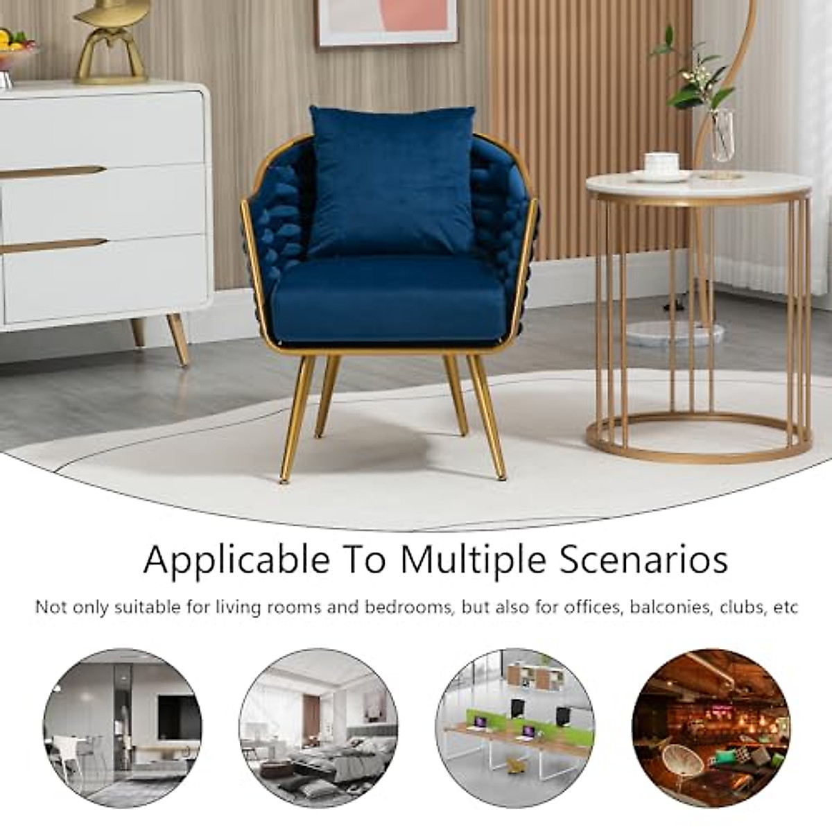 Mystiqueserenity Velvet Armchair, Modern Single Person Casual and Comfortable Accent Chair, with Tufted Backrest, Metal Frame, Soft Cushion, for Home, Living Room, Office, Bedroom (Blue)