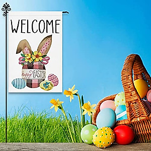 Welcome Easter Garden Flag: Bunny Ear with Eggs Spring Yard Flag 12 x 18 Inch Easter House Decor for Outdoor Holiday Seasonal Party