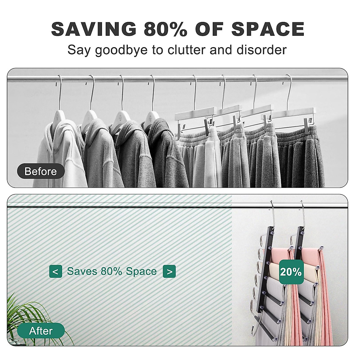 Abarackie Hangers for Clothes, Hangers Space Saving 6 Tier Pant Hangers, Hangers for Clothes for Pants Jeans Skirts Scarf Legging, Anti-Slip, Stainless Steel, 2 Packs, Black