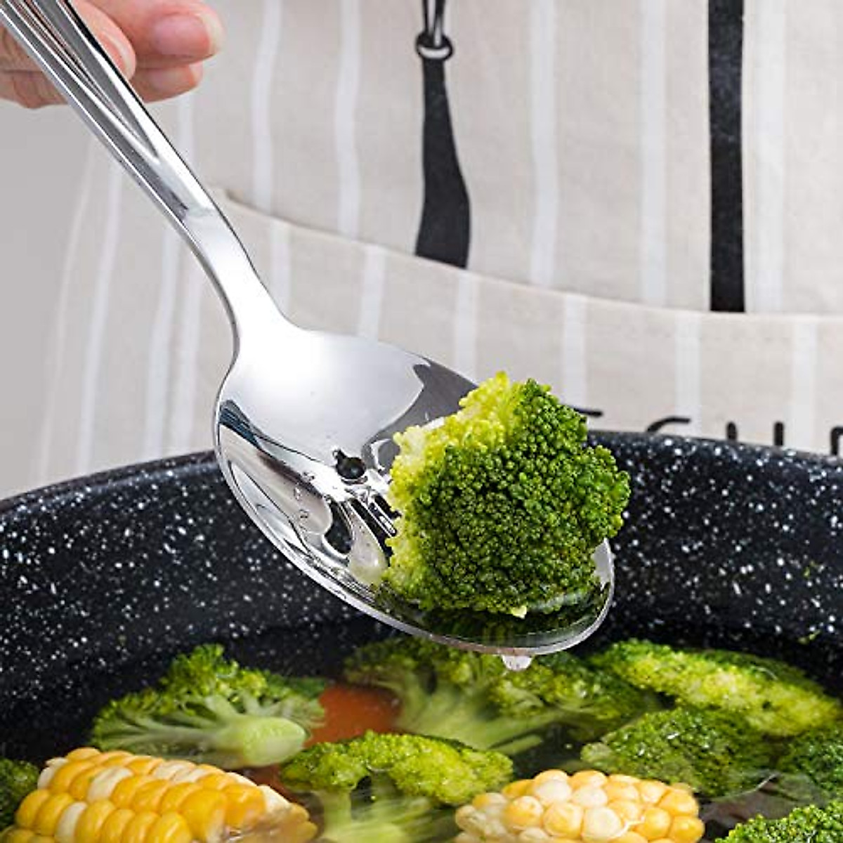 GoGeiLi Stainless Steel Serving Spoon Set, Include 3 Large Serving Spoon and 3 Slotted Spoon, 9.5-inch Catering Serving Spoon Set for Party, Banquet, Buffet, Dishwasher Safe