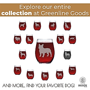 Greenline Goods French Bulldog Stemless Wine Glasses (Set of 2) - Unique for Dog Lovers - Etched 2-Sided Frenchie Silhouette with Breed Name on the Bottom