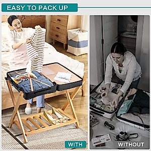 Babion Folding Luggage Racks with Shelf, Wooden Suitcase Stand, 2 Tier Foldable Luggage Racks with Heavy Duty Nylon Belts, Suitcase Bag Holder for Bedroom Guest Room, 4 Pack