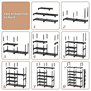 ROJASOP 7-Tier Shoe Rack for Entryway Closet, 25-28 Pairs Tall Garage Shoe Rack for Closet with Side Hooks Large Shoe Rack Storage Organizer Metal Stackable Boot Shoe Rack for Garage, Bedroom