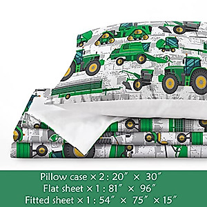 Jekeno Full Size Kids Bedding Sheet Linen Set, Excavator Car Printed Bedroom Decor Bed Sheet Set with Deep Pocket Fitted Sheet + Flat Sheet + 2 PCS Pillowcases for Children Teenager