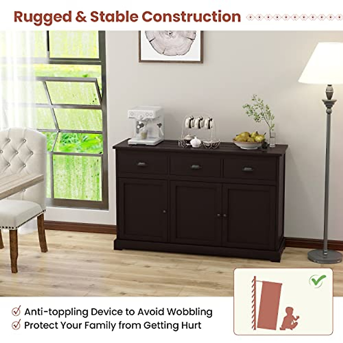 Giantex Sideboard Buffet Server Storage Cabinet Console Table Home Kitchen Dining Room Furniture Entryway Cupboard with 2 Cabinets and 3 Drawers Adjustable Shelves, Brown