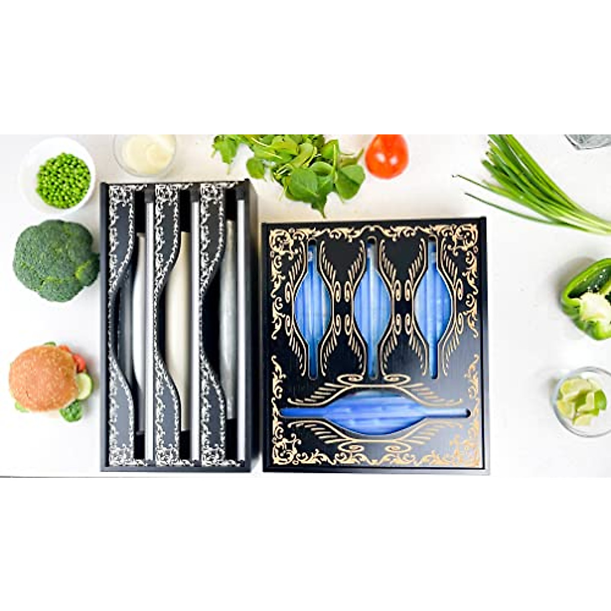 Extra Long Foil and Plastic Wrap Organizer for 15" Rolls, 3 in 1 Plastic Wrap Dispenser with Cutter, Aluminum Foil Organization And Storage, Parchment, Wax Paper Dispenser for Drawer