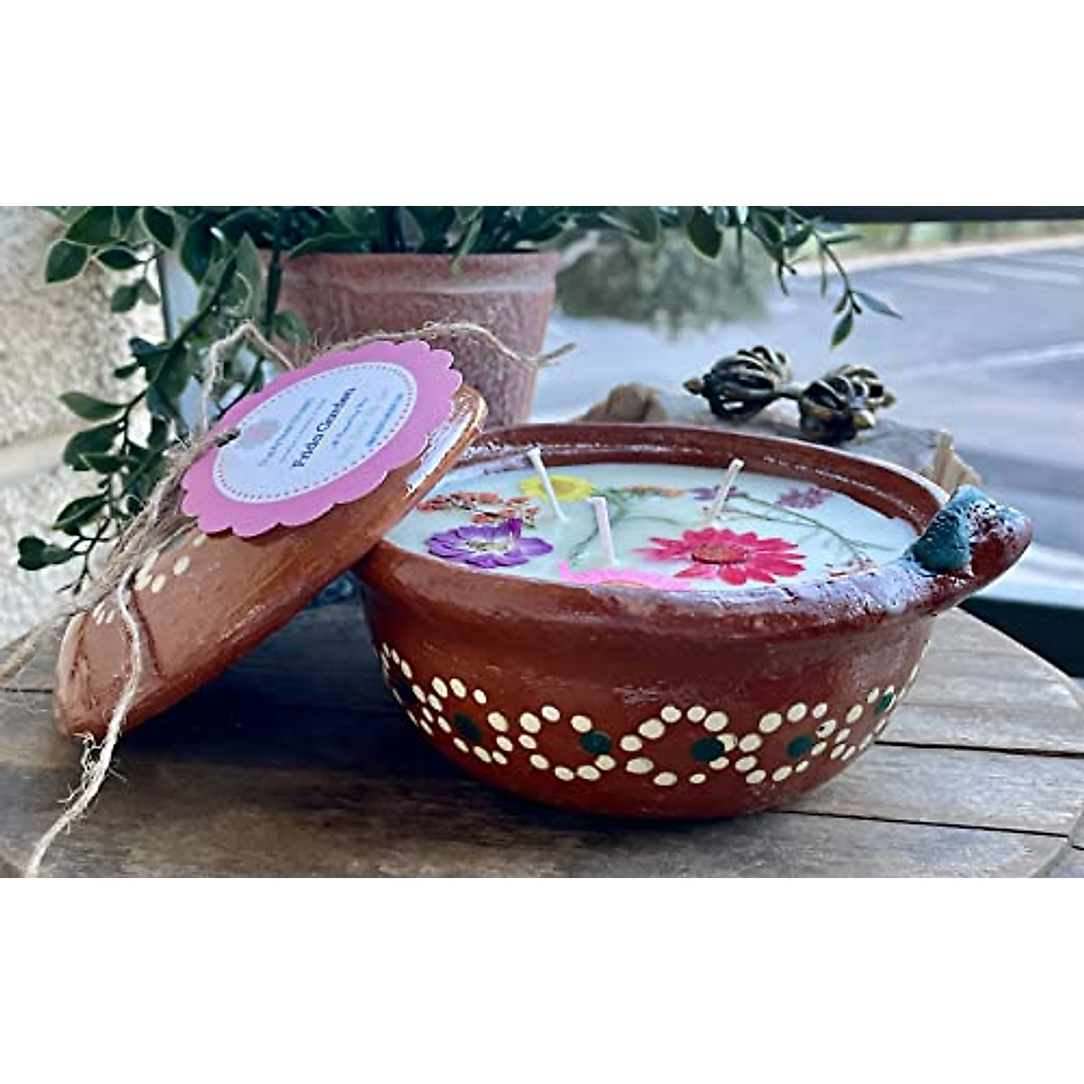 Frida Garden Cazuelita Candle Up Cycle Mexican Pottery Candle Bowl with Lid