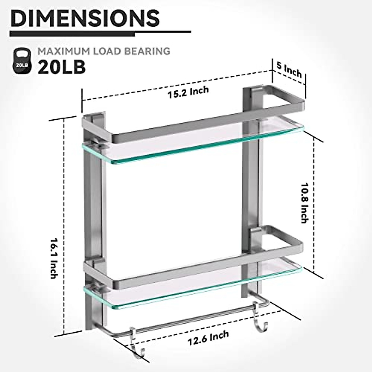 GeekDigg bathroom glass shelf with towel bar, 2 tier wall mounted tempered glass shower storage organizer with 8MM extra thick, 15.2 by 5 inches - Not Brushed Nickel