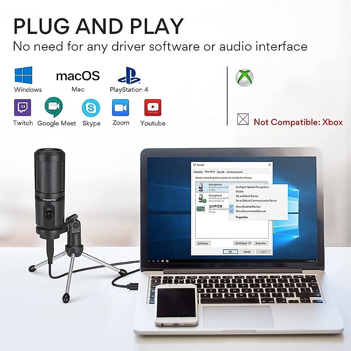 MAONO USB Gaming Microphone, PC Computer Condenser Mic with Gain for Recording, Podcasting, Streaming, YouTube, Twitch, Skype, Compatible with PS5 PS4 Mac Laptop Desktop (PM461TR)