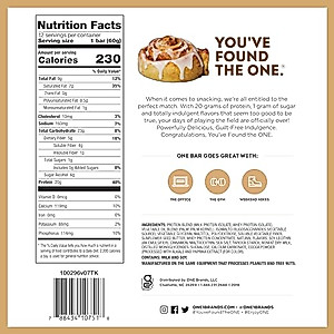 ONE Protein Bars, Cinnamon Roll, Gluten Free Protein Bars with 20g Protein and 1g Sugar, Pantry Staples, 2.12 oz (12 Count)