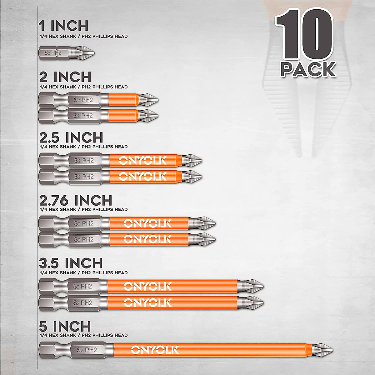 OnYolk 10-Piece Phillips Magnetic Screwdriver Bit Set, S2 Alloy Steel Anti-Slip Long Drill Bits, 1/4 Hex Shank, Fine Tooth Design, Strong Magnetism, Size 1"- 5", PH2