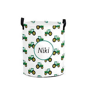 Farm Tractor Round Storage Basket Personalized Name Laundry Basket Waterproof Nursery Hamper with Handle for Living Room Bedroom and Clothes