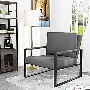 AWQM Modern PU Leather Accent Chair Arm Chair with Extra-Thick Padded Backrest and Seat Cushion Sofa Chairs for Living Room Bedroom, 105 Degree Slant Back, Non-Slip Adsorption Feet, Grey