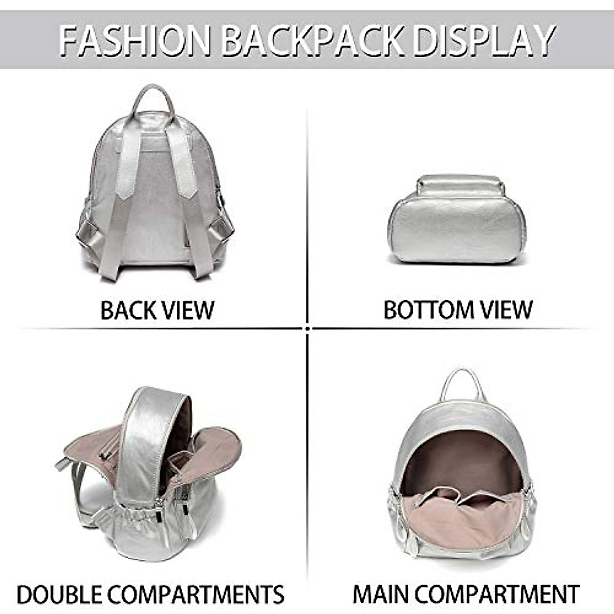 VASCHY Mini Backpack Purse, Cute Faux Leather Small Backpack Purse for Women and Teen Girls with Double Compartment Silver