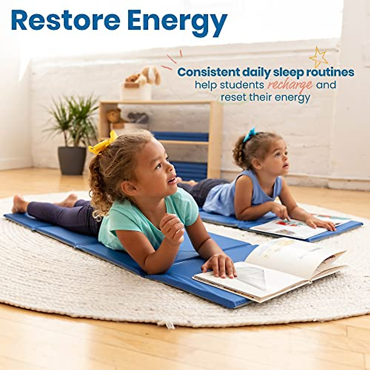 ECR4Kids Everyday Folding Rest Mat, 4-Section, 5/8in, Sleeping Pad, Blue/Grey, 1-Piece