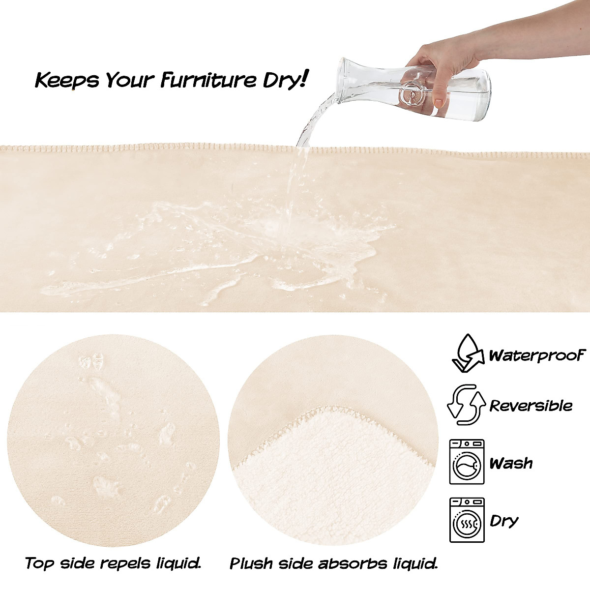 PETMAKER Waterproof Pet Blanket - 50x60-Inch Reversible Sherpa Fleece Throw Protects Couches, Cars, and Beds from Spills, Stains, and Fur (Cream)