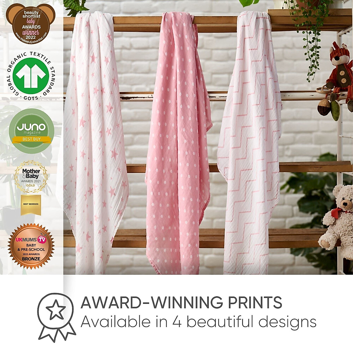 Bloomsbury Mill – Swaddle Blanket - Muslin Swaddle Blankets for Baby Girls and Boys - 100% Organic Cotton Baby Swaddles 3 Pack - Pink and White – 47” x 47”