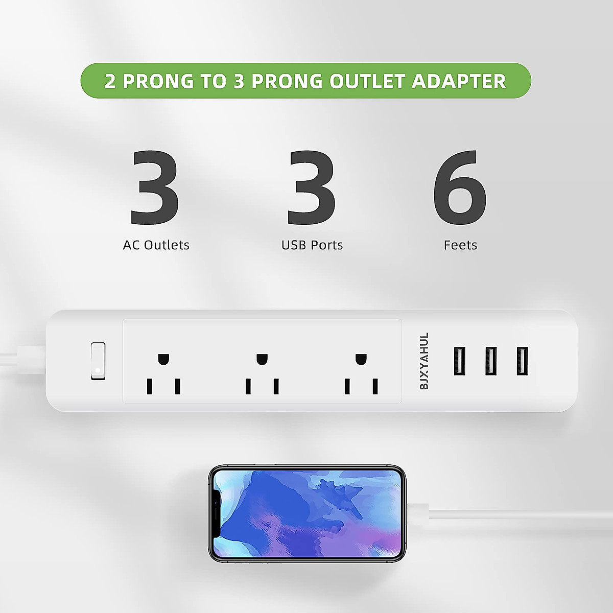 2 Prong to 3 Prong Power Strip, Two Prong Surge Protector with 6FT Long Cord, 3 AC Outlets 2 Prong to 3 Prong Extension Cord with 3 USB Ports(5V 3.1A) for Non-Grounded Outlets for Home/Office, White