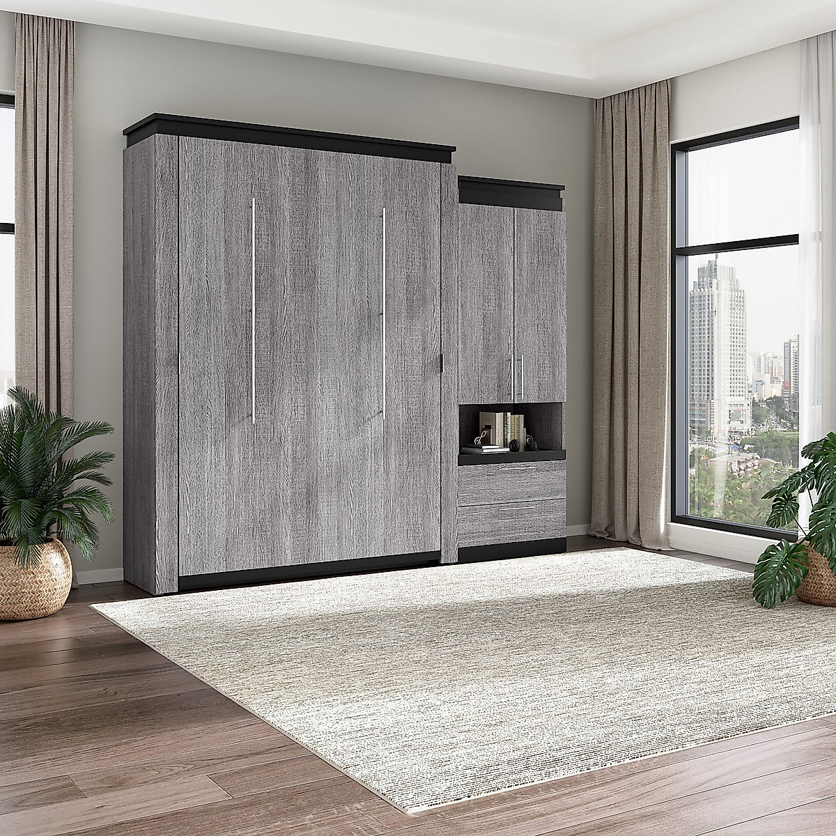 Bestar Orion Queen Murphy Bed with Storage Cabinet and Pull-Out Shelf, Sleeping Arrangement with Shelves, Bark Grey and Graphite