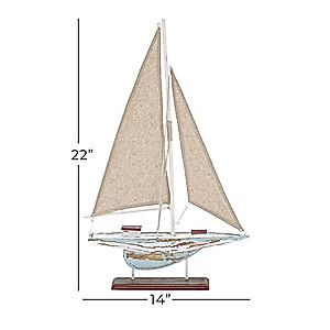 Deco 79 Coastal Wood Sail Boat Sculpture, 14" x 2" x 22", Brown