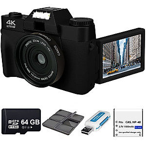eDealz 4K 48MP Digital Camera Photography with 3’’ 180° Flip Screen, WiFi, 16X Zoom, Rechargeable Battery, 64GB Micro SD Card, 6 PC Card Holder USB Card Reader (Black)
