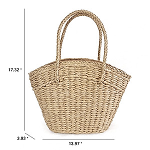 QTKJ Straw bags, Hand-woven Women Summer Retro Straw Tote Bag Pure Colour Straw Beach Shoulder Bag (Khaki)