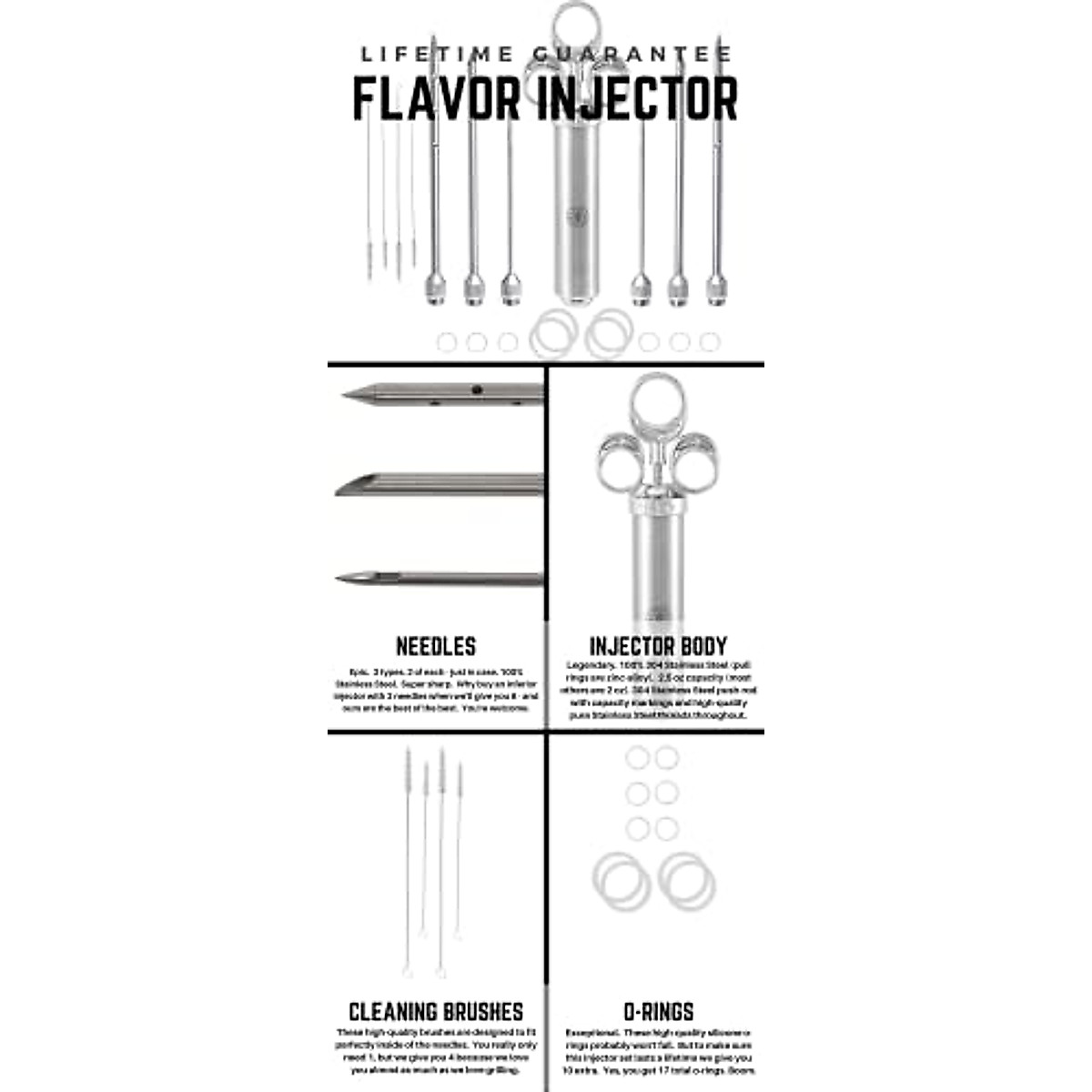 Grill Sergeant Professional Meat Injector, Marinade Syringe Set, Forever Guarantee, Zippered Storage & Travel Case, 304 Stainless Steel, No Aluminum, 6 Needles, 2.5 oz Capacity, 4 Cleaning Brushes