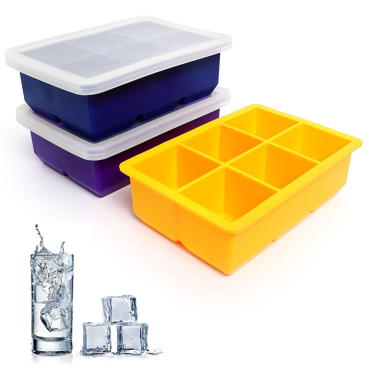 Excnorm Silicone Ice Cube Trays 3 Pack - Large Size Silicone Ice Cube Molds with Leak Proof Removable Lid Square Ice Cube Tray And BPA Free for Cocktail,Whiskey, Stackable Flexible Ice