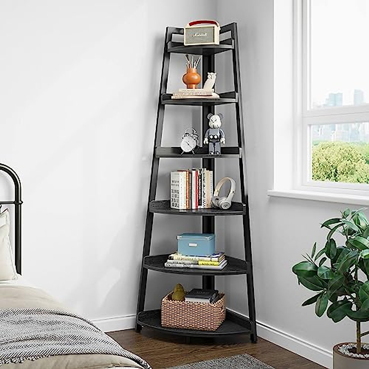 Rolanstar Corner Shelf, 6 Tier Modern Corner Bookshelf Industrial Corner Ladder Shelf Plant Stand for Display Rack for Living Room, Home Office, Bathroom, Small Space, Black