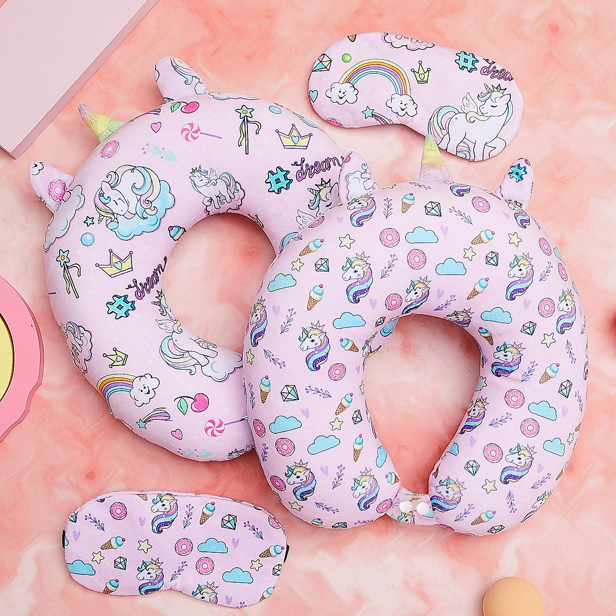 Thyle 2 Set Neck Travel Pillow for Kids Unicorn Neck Pillow for Traveling and Eye Mask Lightweight Travelling Sleeping Pillow Set for Airplane, Car, Train, Bus and Home Use Support Pillow Blindfolds