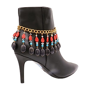 Women Western Boot Chain Bracelet Gold Metal Shoe Anklet Red Leaf Turquoise Beads Charm Jewelry